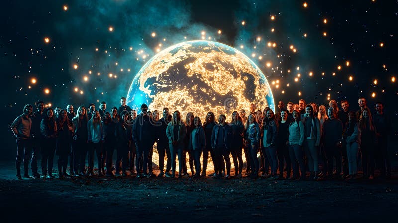 Global Team Earth Night Illuminated Globe Diverse Group Teamwork ...