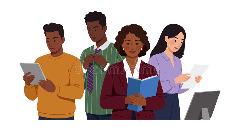 Diverse Group of People Reading Documents and Using Tablet in Modern ...