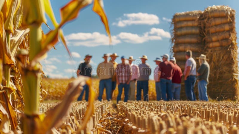 A Diverse Group of People Standing in a Field of Corn with Stacks of ...
