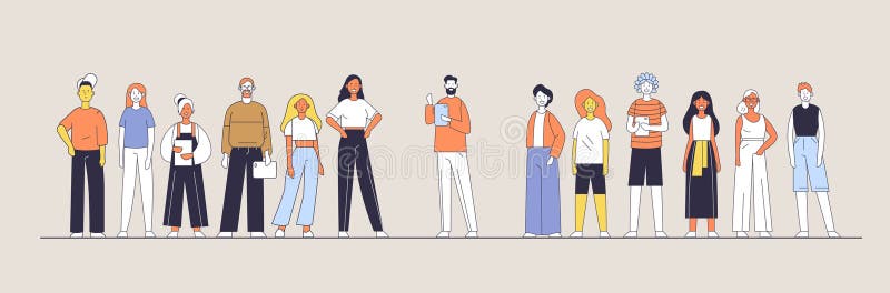 Diverse Group of People Standing in a Row Various Outfits and Poses ...