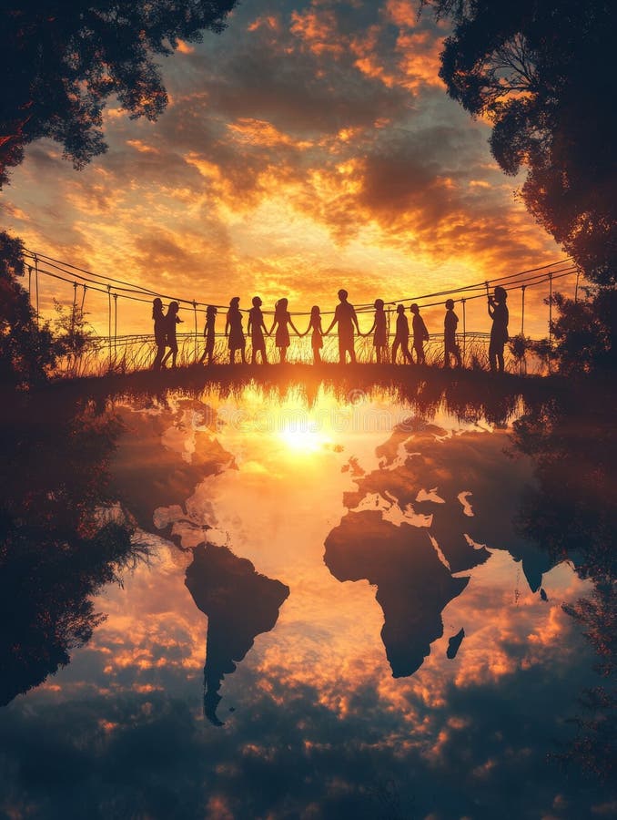 Harmonious Unity: Diverse People Holding Hands OnBridge at Sunrise ...