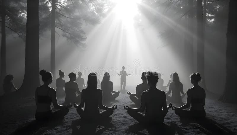 Diverse Group Practicing Guided Meditation at Serene Wooden Studio ...