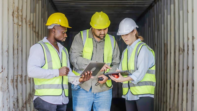 Diverse Group of Professional Dock Workers Checking Data in a Container ...