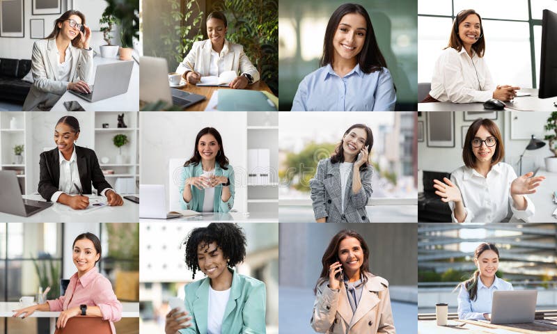 Diverse Group of Professional Women Smiling, Engaging in Various Work ...