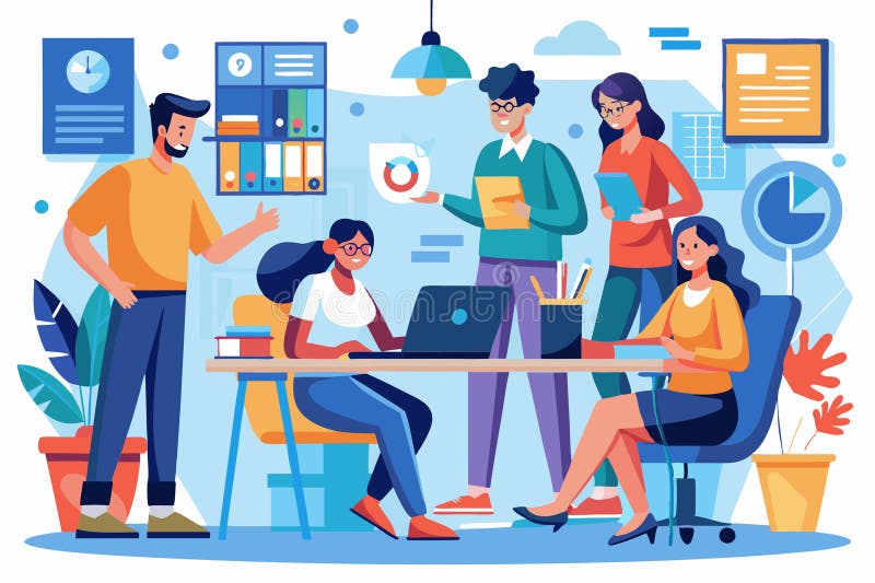 A Diverse Group of Professionals Collaborates in an Office, Discussing ...