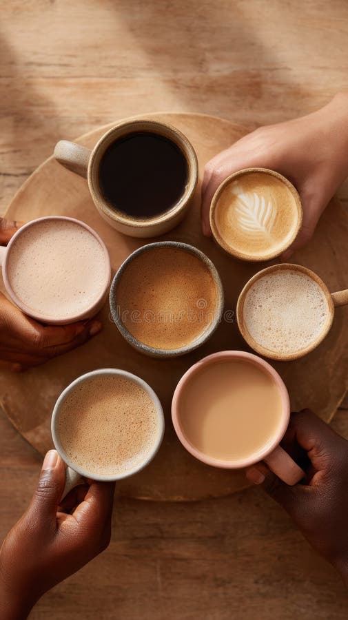 Diverse Group Sharing Different Coffee Drinks in Top View Stock Image ...