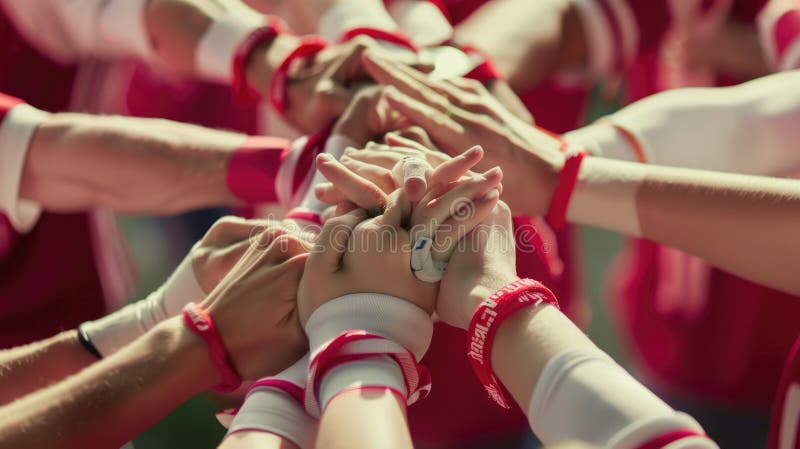 A Diverse Group Shows Unity and Teamwork by Raising Hands Together ...