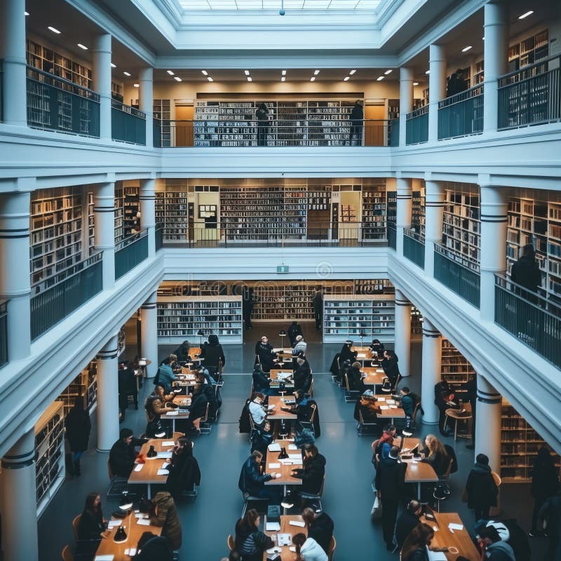 A Diverse Group is Sitting at Tables Inside a Library Stock Photo ...