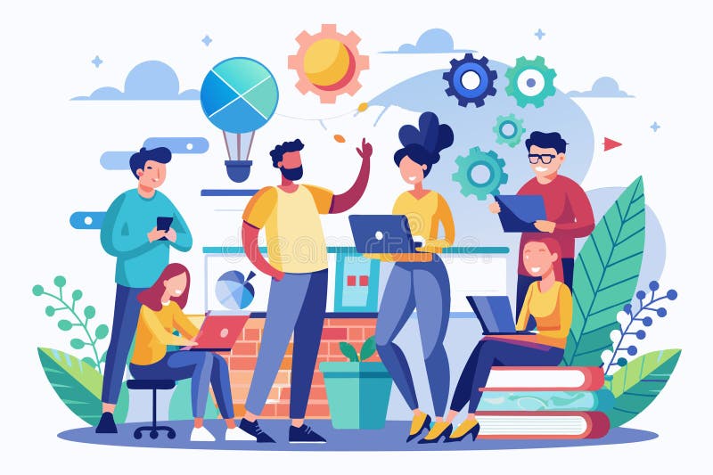 A Diverse Group of Six Individuals Collaborates in a Vibrant Workspace ...