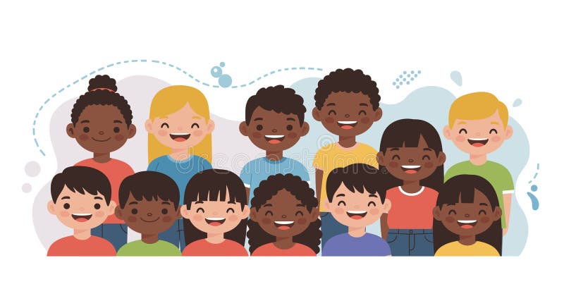 Diverse Group of Smiling Children on White Background with Shapes Stock ...