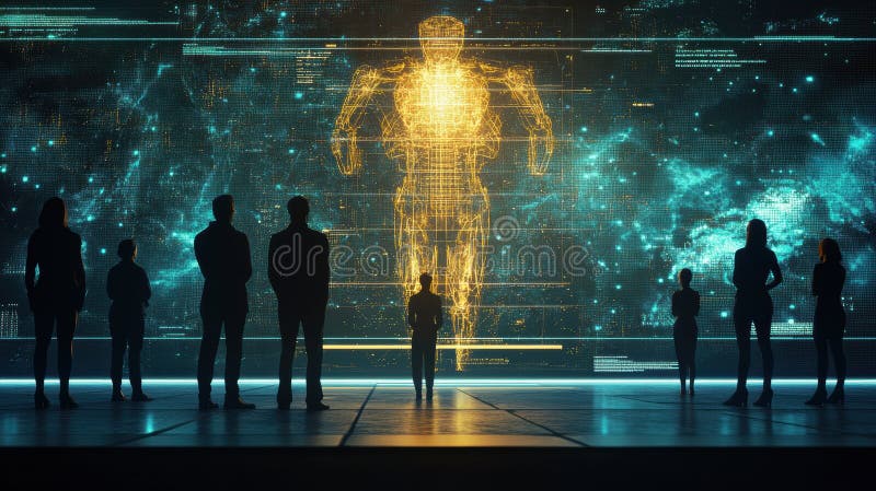 A Diverse Group Stands in Awe, Watching an Interactive Abstract AI ...