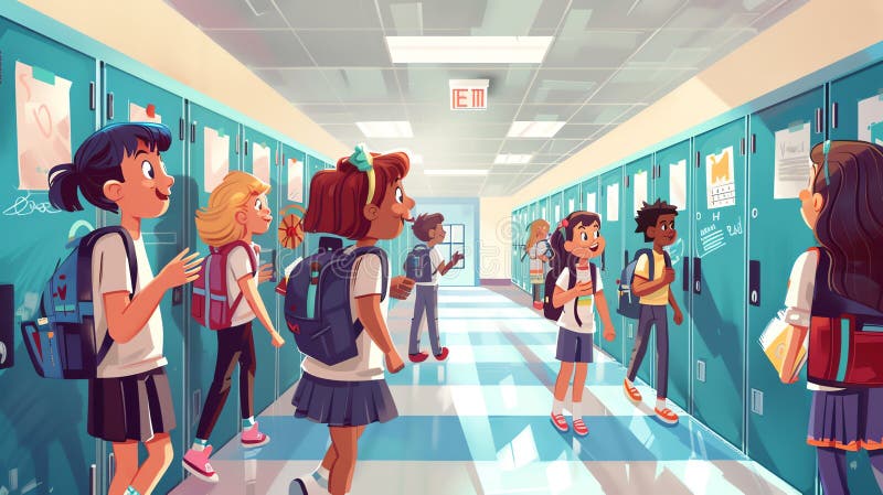 Diverse Group of Students Chatting in School Hallway with Lockers Stock ...