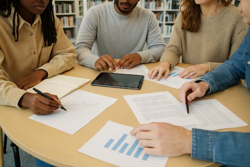 Diverse Group of Students Collaborating in Library on Academic Project ...
