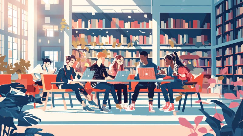 Diverse Group of Students Collaborating in a Modern Library Setting ...