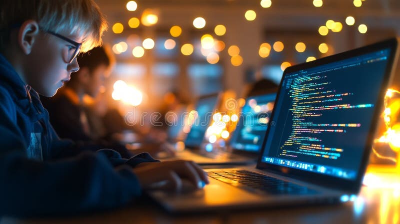 Diverse Group of Students Engaged in Coding at a Cozy after-school ...