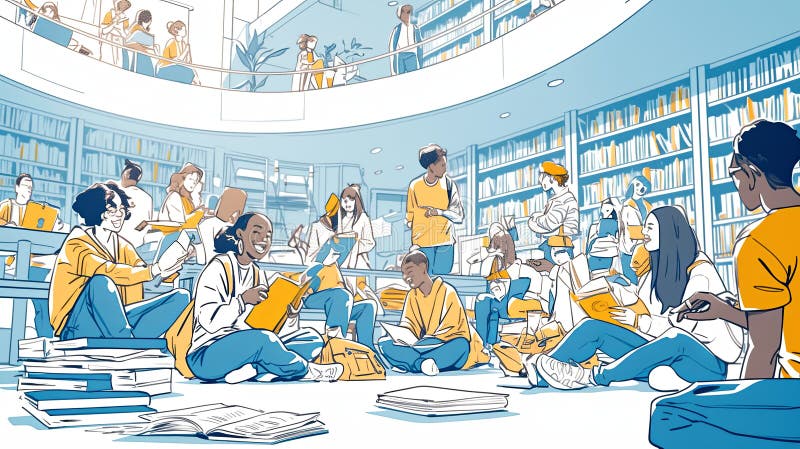 Diverse Group of Students Engaging in a Lively Library Study Session ...