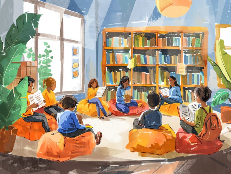 Diverse Group of Students Reading and Discussing in a Modern Library ...