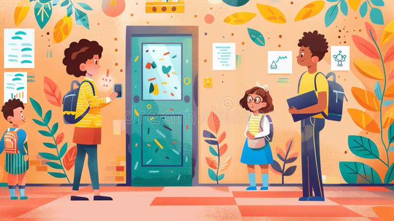 Diverse Group of Students Standing Outside a Classroom Door Decorated ...