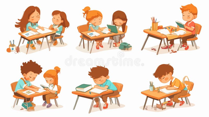 Diverse Group of Students Studying at Desks - Boys and Girls in ...