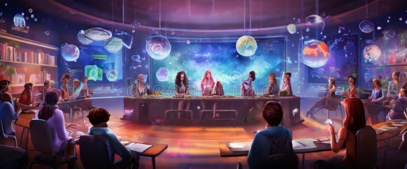 Diverse Group Learning in a Cosmic-themed Classroom Stock Image - Image ...