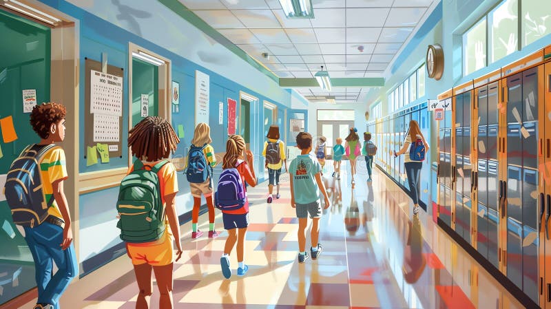 Diverse Group of Students Walking Down a School Hallway with Lockers ...