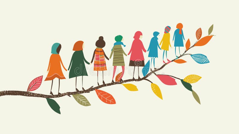 Diverse Group Stylized People Standing Branch, Unity Togetherness ...