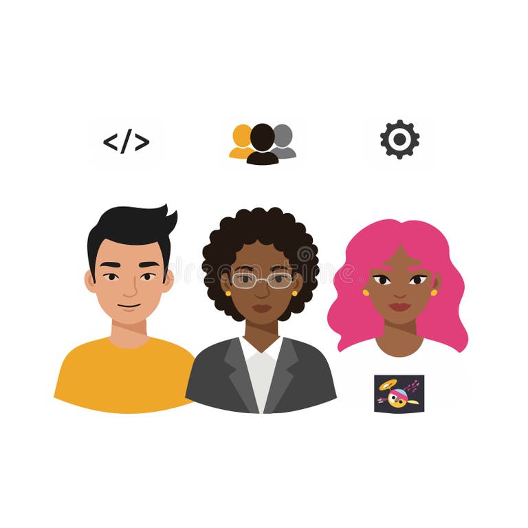 Diverse Group of Three People with Coding and Gear Icons Teamwork ...
