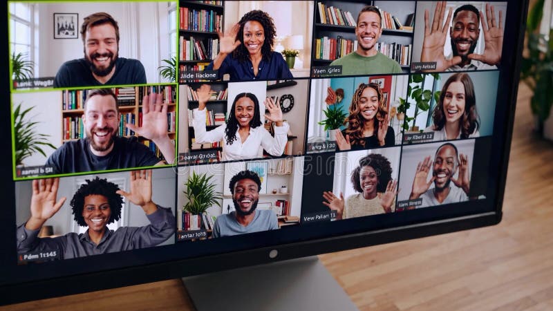 Diverse Group in Virtual Meeting Smiling and Waving Stock Footage ...