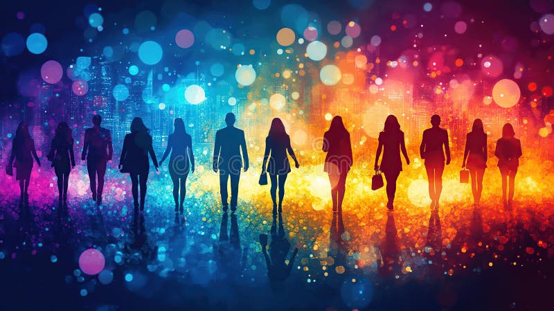 Diverse Group Walking in Vibrant City Lights Stock Illustration ...