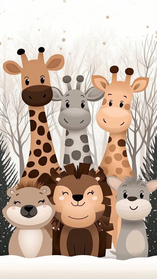 A Diverse Group of Wild Animals Stands Together on a White Background ...