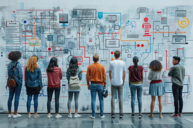 Diverse Group of Young Adults Analyzing Modern Data Visualization on ...