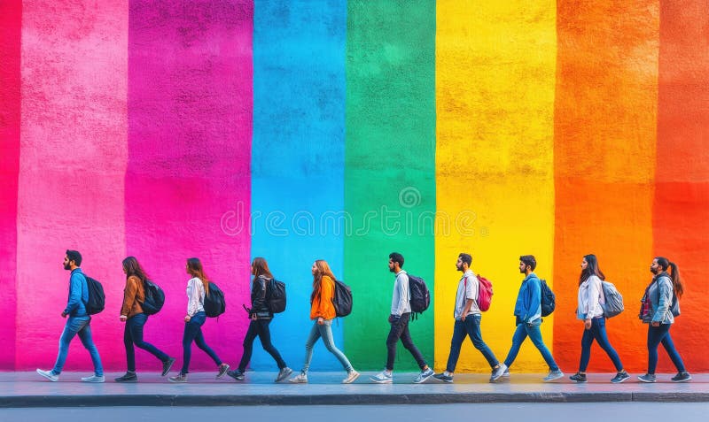 Diverse Group of Young People Walking in Front of Colorful Mural Wall ...