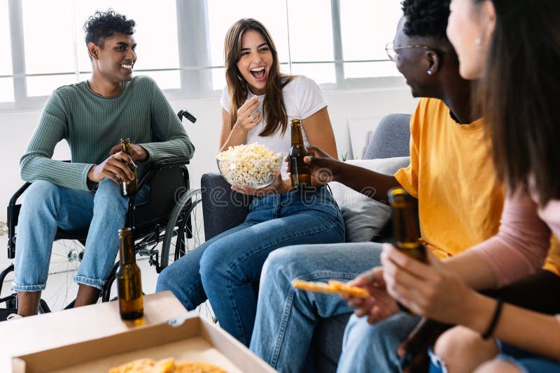 Diverse Group of Young Student Friends Enjoying Time Together at Home ...