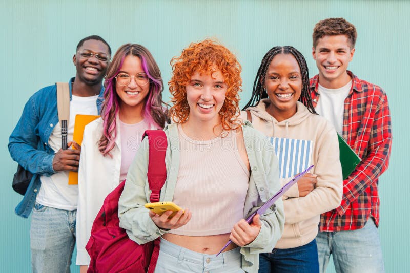Diverse Group of Young Students Smiling and Standing Together Outdoors ...