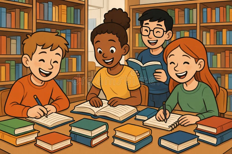 Diverse Children Learning Together Books School Library Setting Stock ...