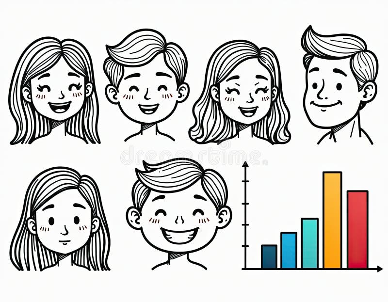 Diverse Hand-Drawn Cartoon Faces and Bar Graph Illustration Stock ...