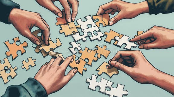 Diverse Hands Assemble Jigsaw Puzzle. Teamwork, Collaboration Concept ...