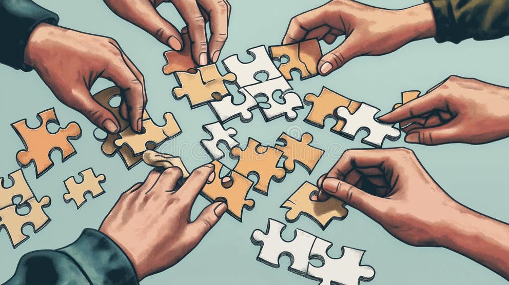 Diverse Hands Assemble Jigsaw Puzzle. Teamwork, Collaboration Concept ...