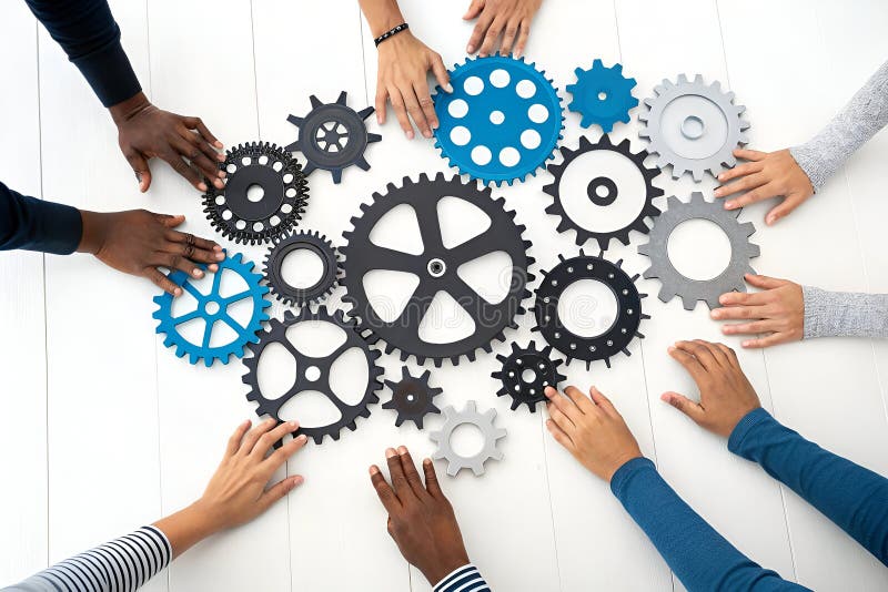 Diverse Hands Assembling Gears on White Background Stock Illustration ...