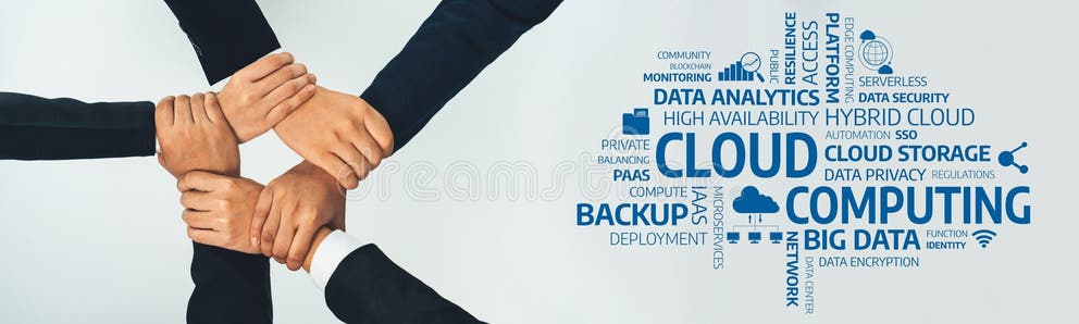 Diverse Hands Collaborating on Cloud Computing Concepts in Modern Digital Workspace with ...