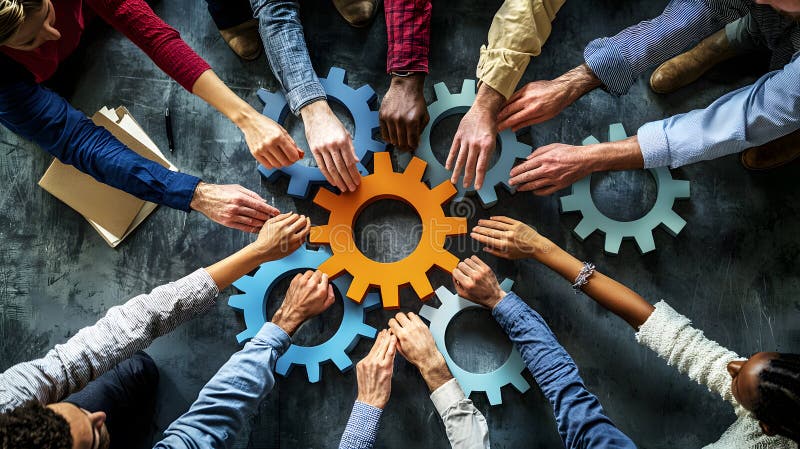 Diverse Hands Collaborating on a Gear Design Stock Illustration ...
