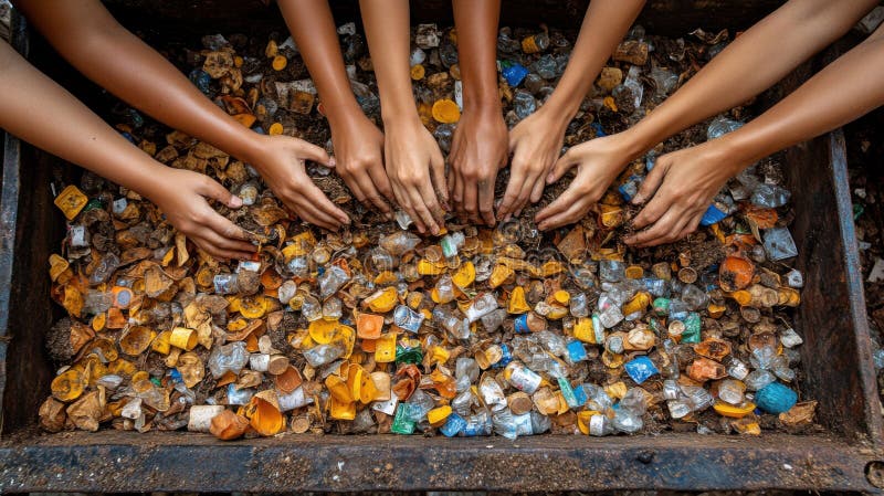 Diverse Hands Collectively Sorting Recycled Materials in a Compost Bin ...