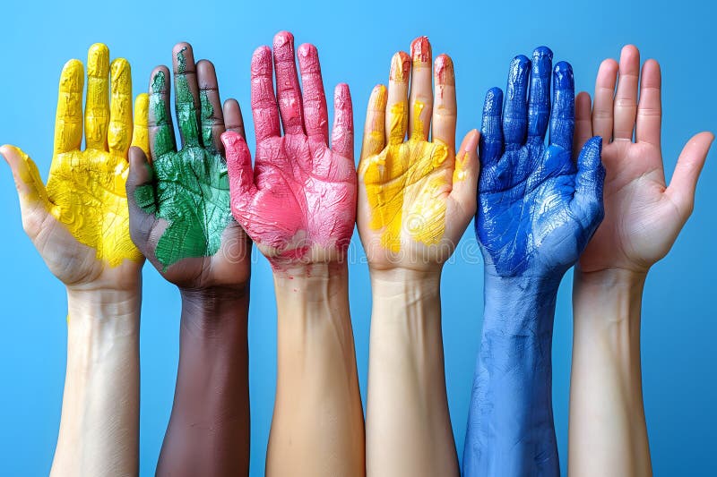 Colorful Diversity Concept with Painted Hands on Blue Background ...