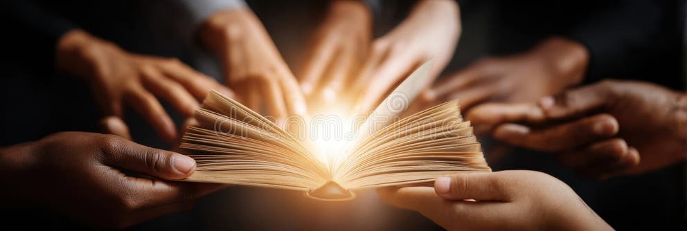 Diverse Hands Gather Around a Glowing Book To Share Knowledge and Ideas ...