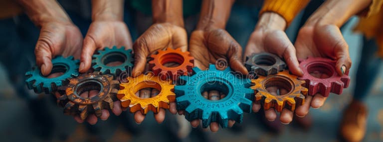 Diverse Hands Holding Colorful Gears Symbolizing Teamwork and ...