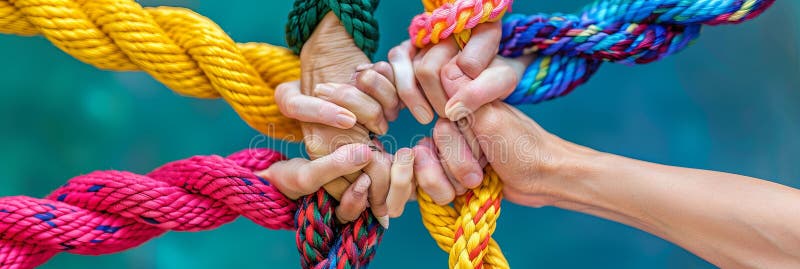 Diverse Hands Holding Colorful Ropes Together Stock Illustration ...