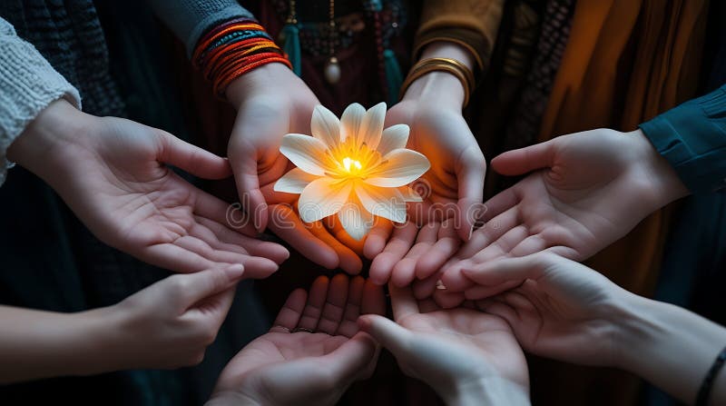 Diverse Hands Holding Glowing Flower, Symbolizing Unity among Women ...