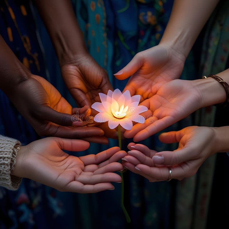 Diverse Hands Holding Glowing Flower, Symbolizing Unity among Women ...