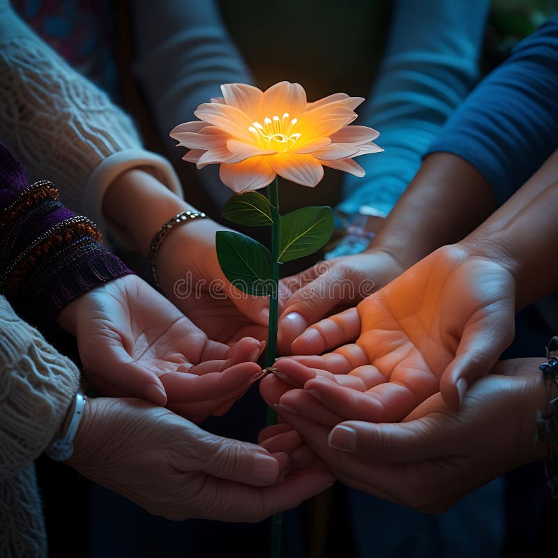 Diverse Hands Holding Glowing Flower, Symbolizing Unity among Women ...
