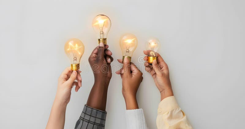 Diverse Hands Holding Light Bulb on White Background Stock Illustration ...